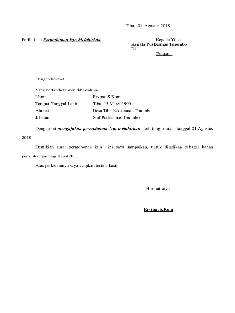 Contoh Surat Izin Cuti Melahirkan | PDF