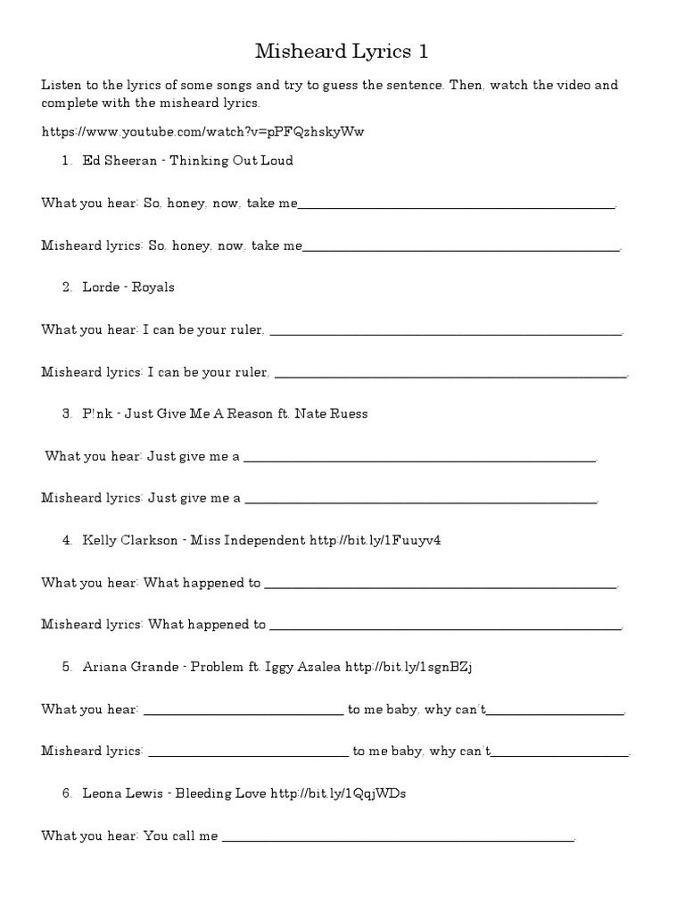 Misheard Lyrics Game and Answers | PDF | Songs | Pop Songs