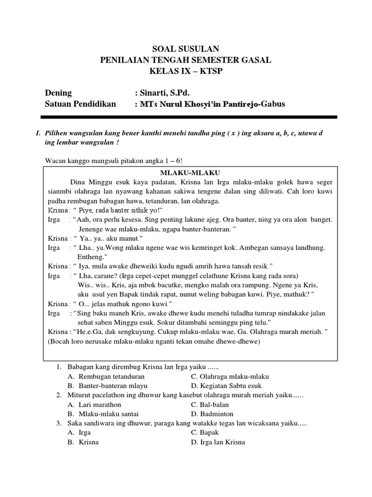 Soal Susulan PTS Semester Gasal Kelas 9 KTSP | PDF