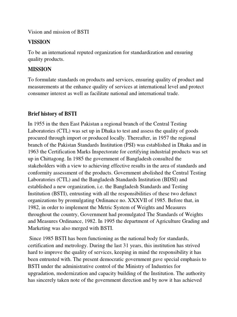 Vision and Mission of BSTI | PDF | Metrology | Standardization