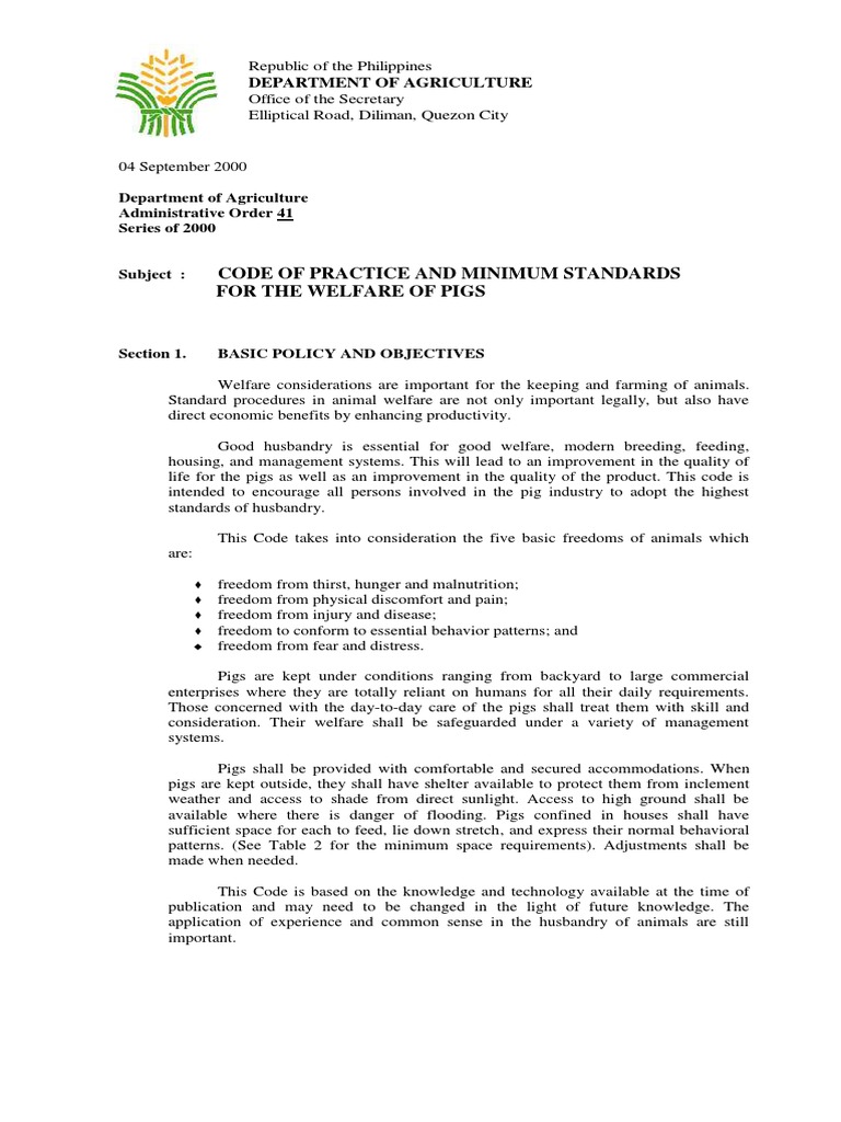 Code of Practice and Minimum Standards For The Welfare of Pigs | PDF ...