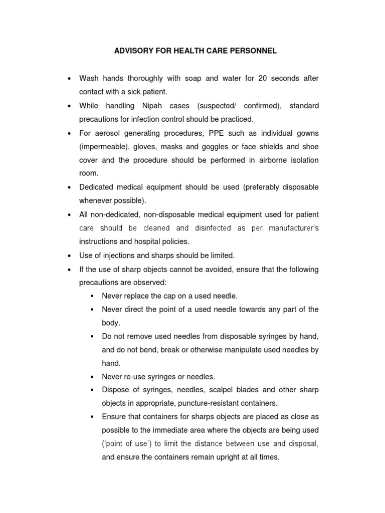 Advisory For Health Care Personnel | PDF | Infection Control | Medicine