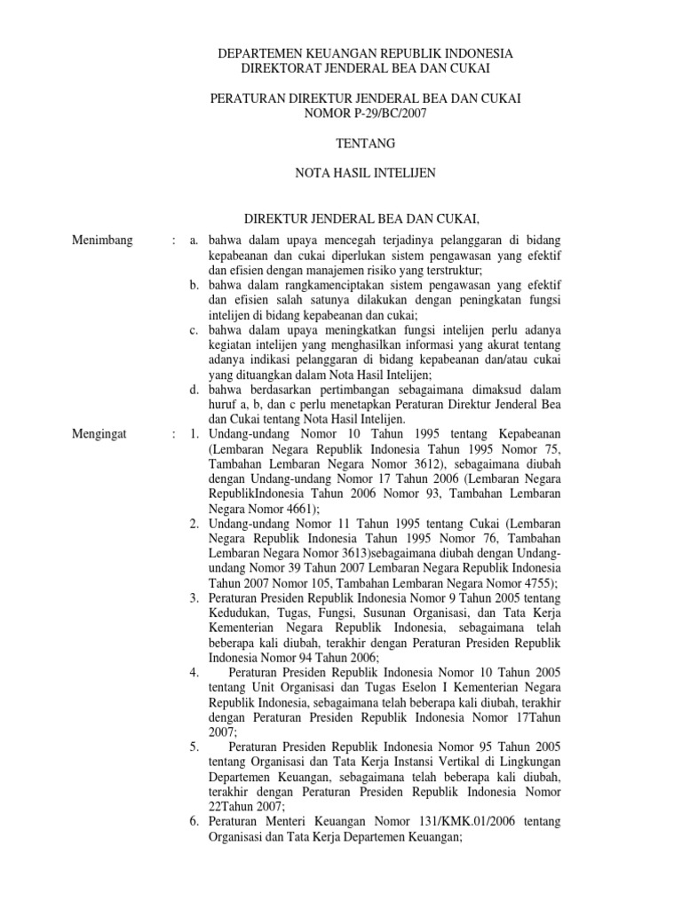 Peraturan Nota Hasil Intelijen Bea Cukai | PDF