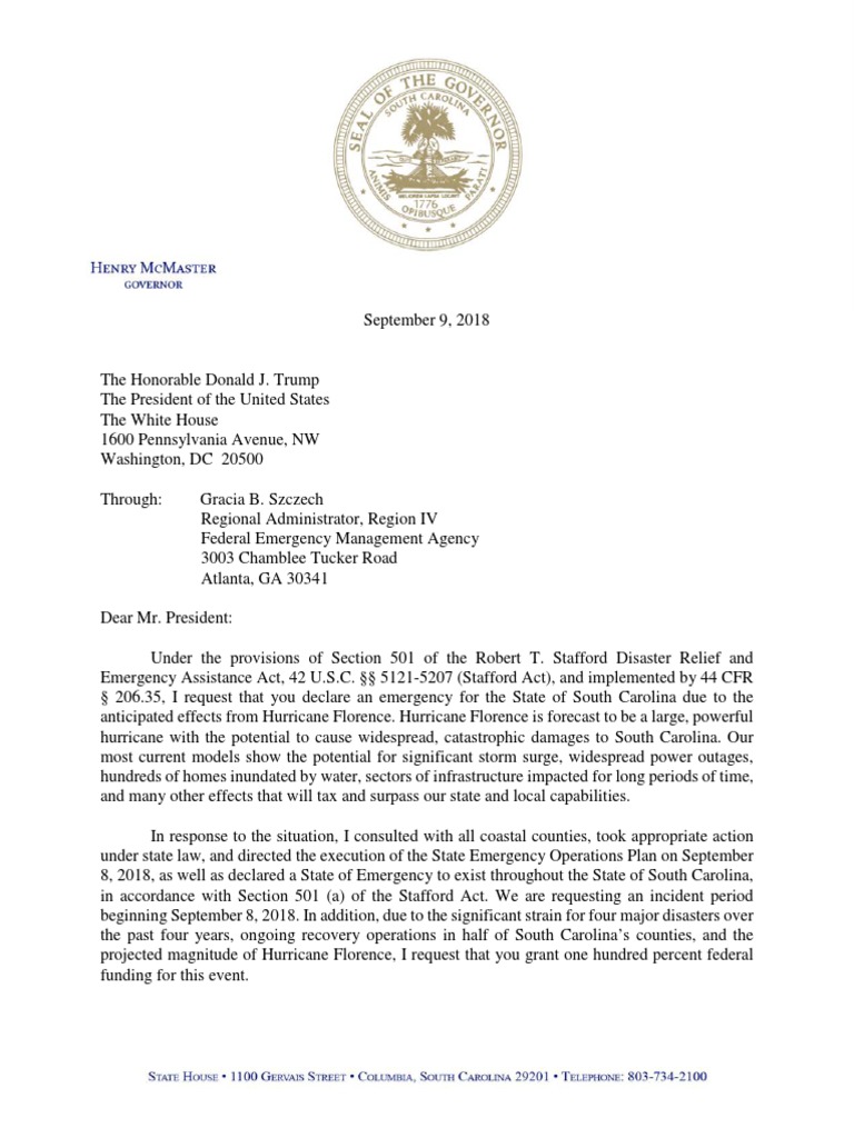 9-9-2018 Trump Disaster Relief Letter | PDF | Emergency | Storms