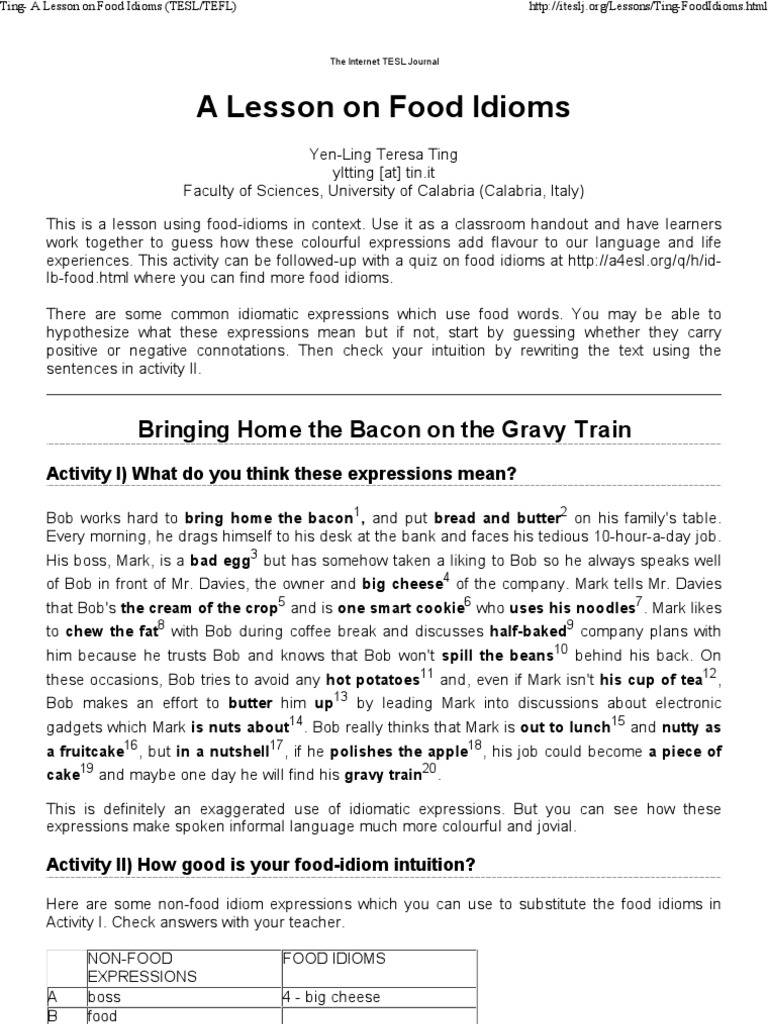 Engaging Food Idioms Lesson Plan | PDF | Idiom | Semiotics