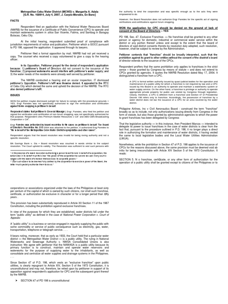Metropolitan Cebu Water District V Adala 1 | PDF | Franchising | Board ...