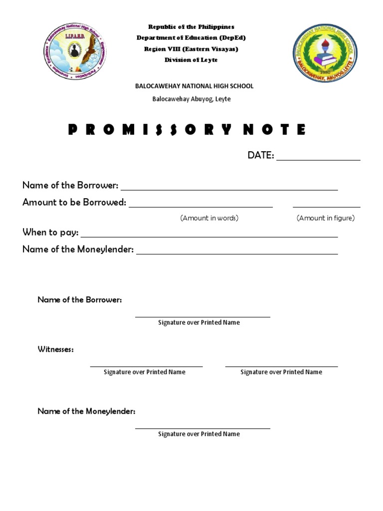 P R O M I S S O R Y N O T E: Date: Name of The Borrower: Amount To Be ...