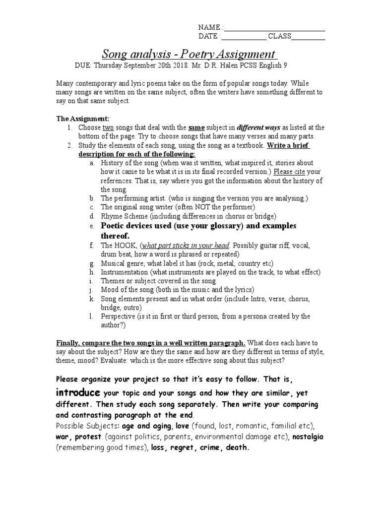 Song Analysis Assignment Guide | PDF | Song Structure | Entertainment