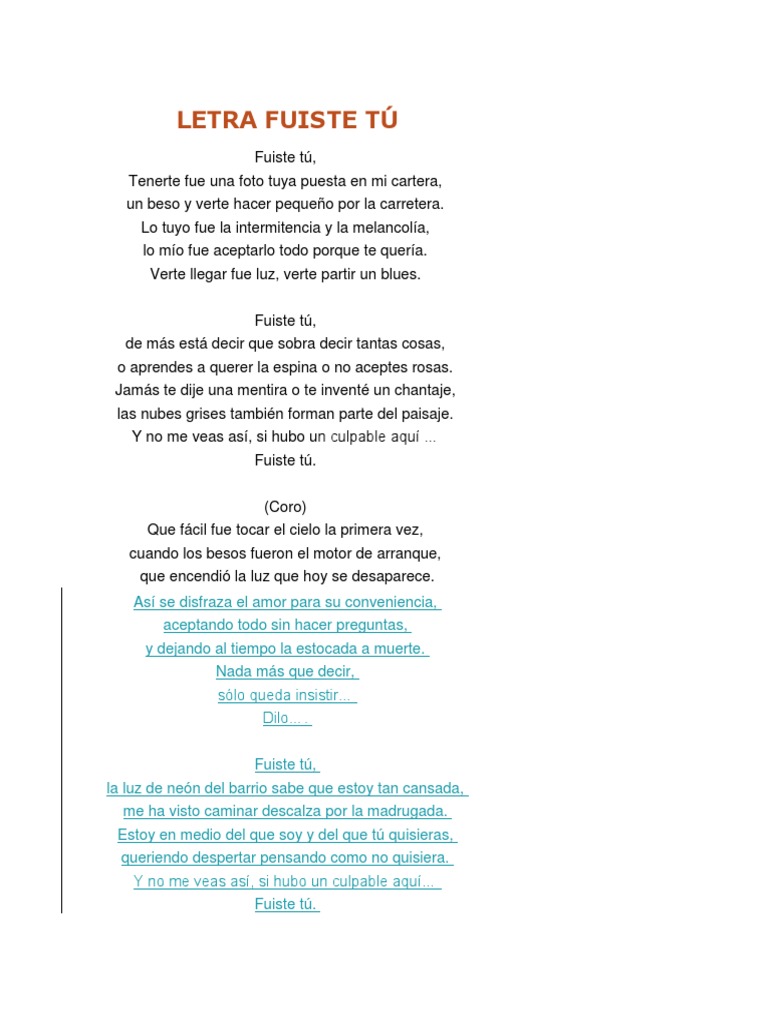 Letra Fuiste Tú | PDF