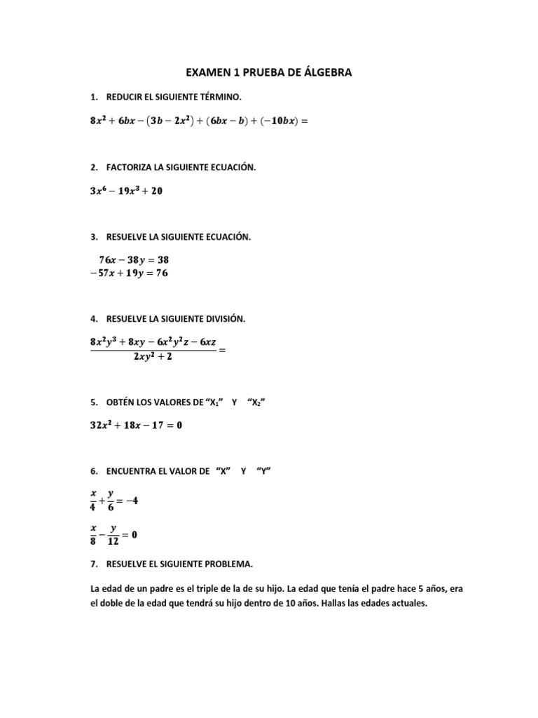 Álgebra Prácticas Examenes Prueba Álgebra | PDF