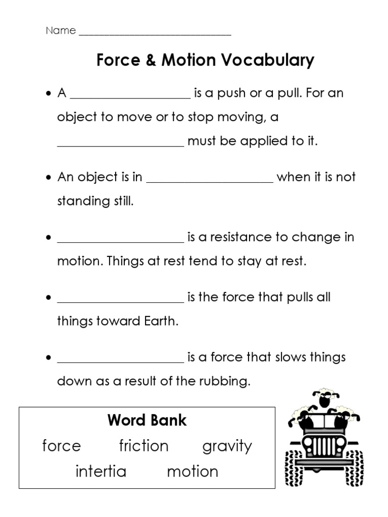 Force Motion Vocabulary Cloze Wordbank | PDF | Self-Improvement