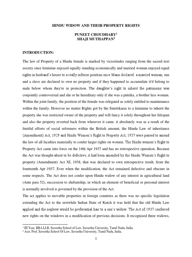Hindu Widow and Their Property Rights | PDF | Intestacy | Inheritance
