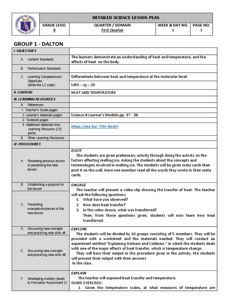 Grade 8 Heat and Temperature Lesson Plan | PDF | Heat | Temperature