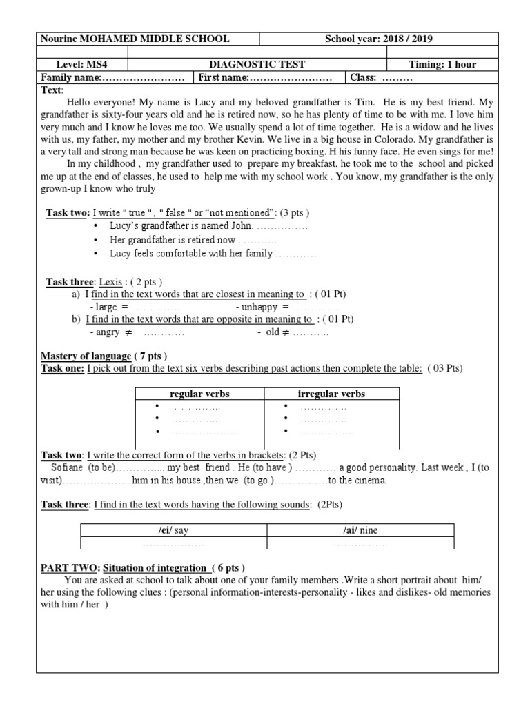 Diagnostic Test Ms4 2018 2019 | PDF | Grammar | Syntax