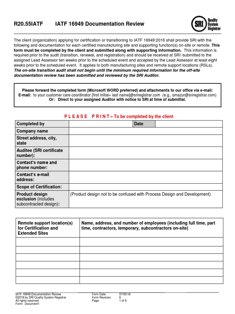 IATF Checklist by SRI | Verification And Validation | Audit