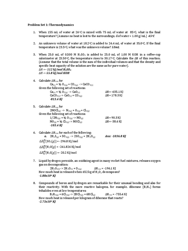 Problem Set 1 Thermodynamics | PDF | Hydrogen Peroxide | Atoms