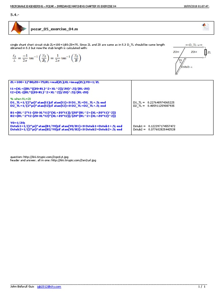 How To Solve Microwave Engineering Pozar 05 Exercise 04 With MATLAB | PDF
