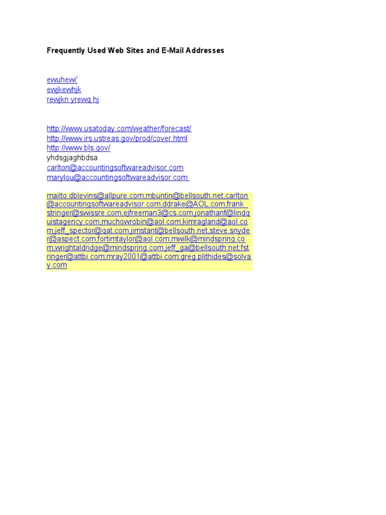 Frequently Used Web Sites and E-Mail Addresses: Yhdsgjaghbdsa | PDF