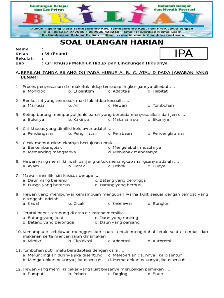 Soal IPA Kelas 6 SD BAB 1 Ciri Khusus Makhluk Hidup Dan Lingkungan Hidupnya | PDF