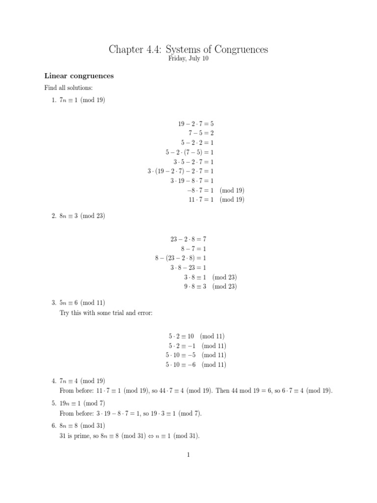 Chapter 4.4: Systems of Congruences | PDF | Prime Number | Ring Theory