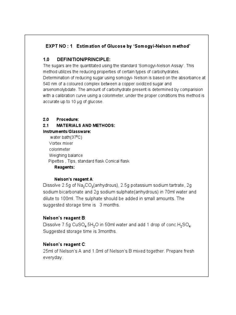 Estimation of Glucose by Somogyi-Nelson' Method PDF | PDF | Glucose ...