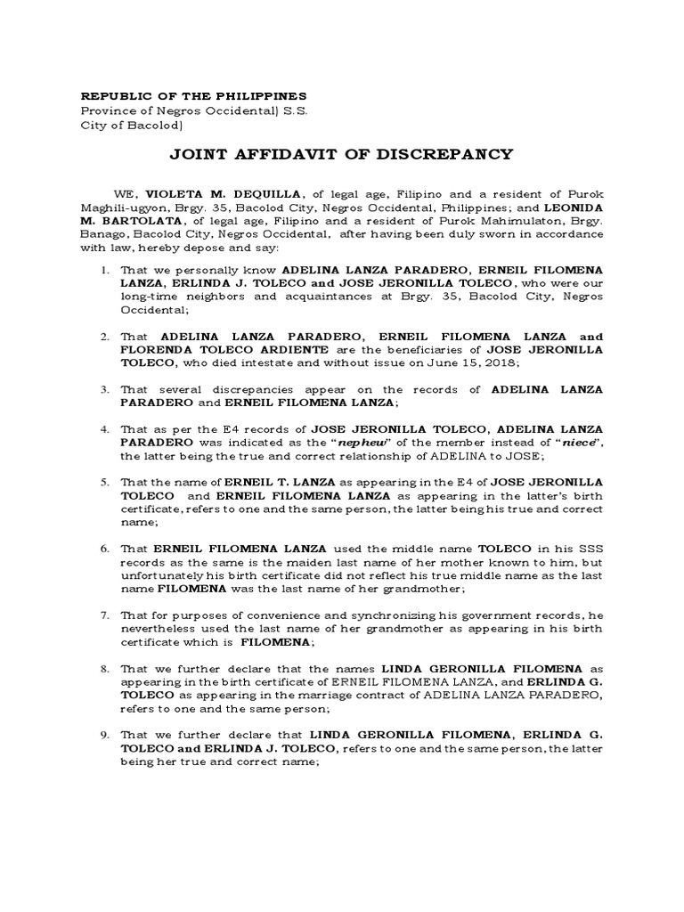 SSS Joint Affidavit of Discrepancy DONGUINES | PDF | Comparative Law ...