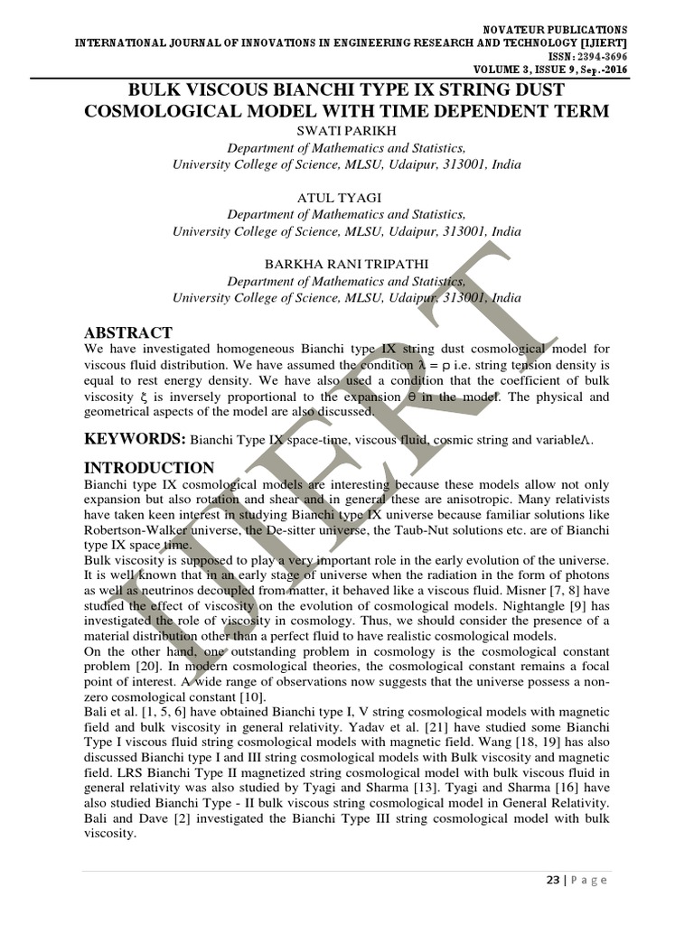 Bulk Viscous Bianchi Type Ix String Dust Cosmological Model With Time Dependent Term | PDF ...