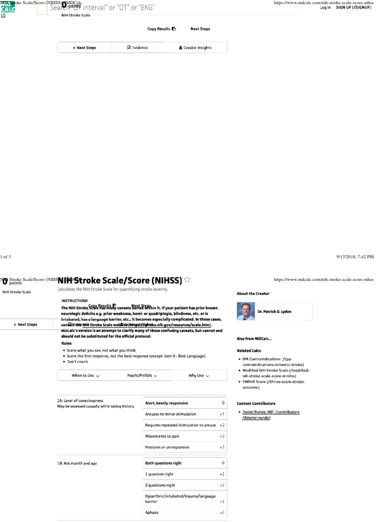 NIH Stroke Scale - Score (NIHSS) - MDCalc | PDF | Inquiry | National ...