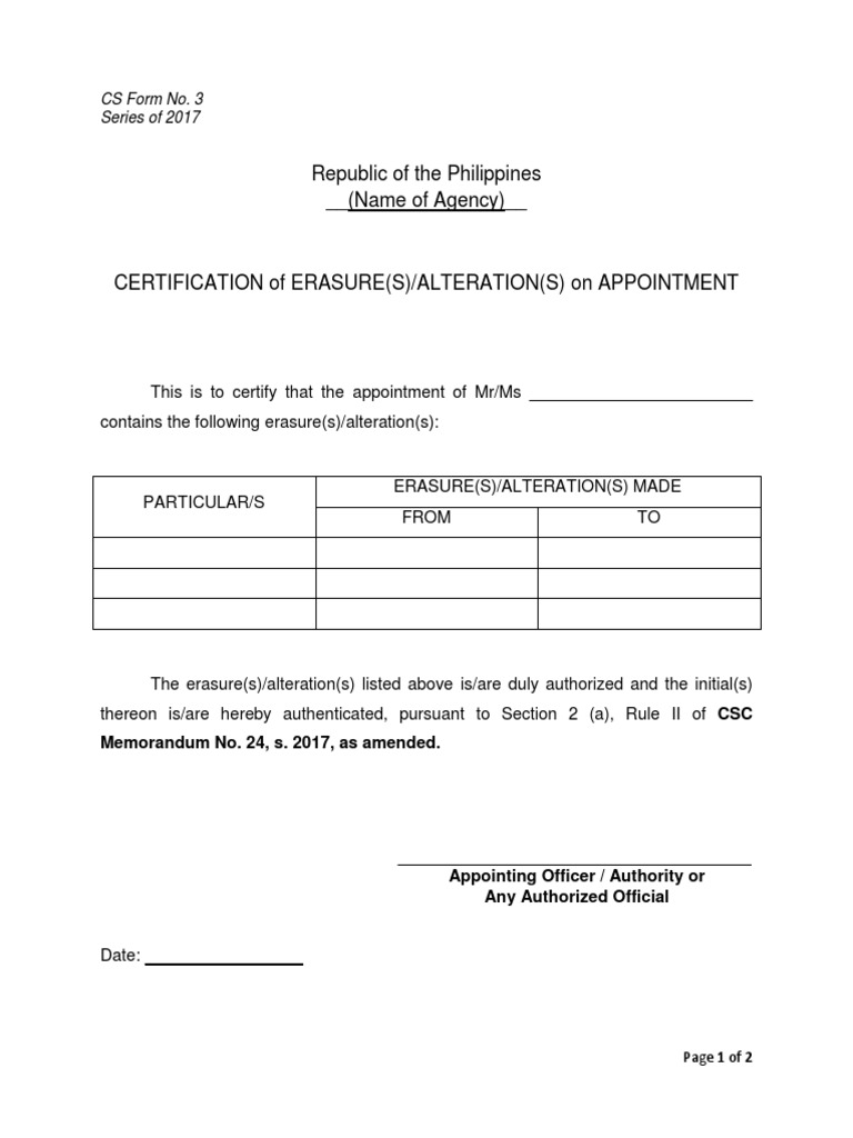 CS Form No. 3 Certificate of Erasures Alteration | PDF