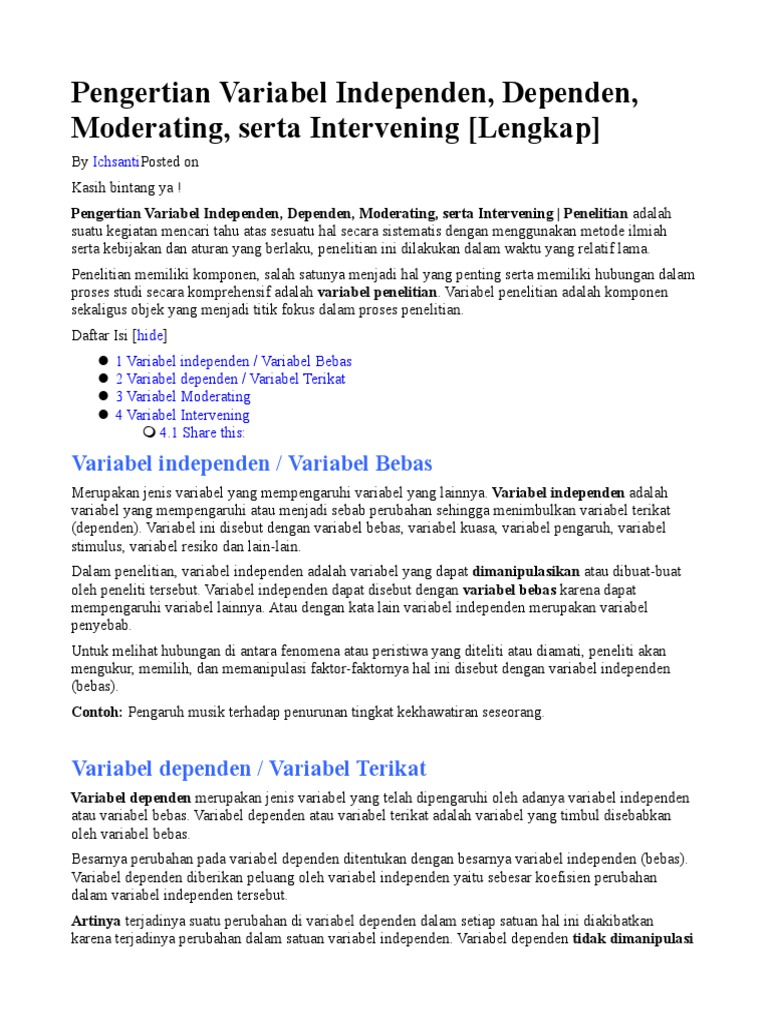 Pengertian Variabel Independen, Dependen, Moderating, Serta Intervening ...