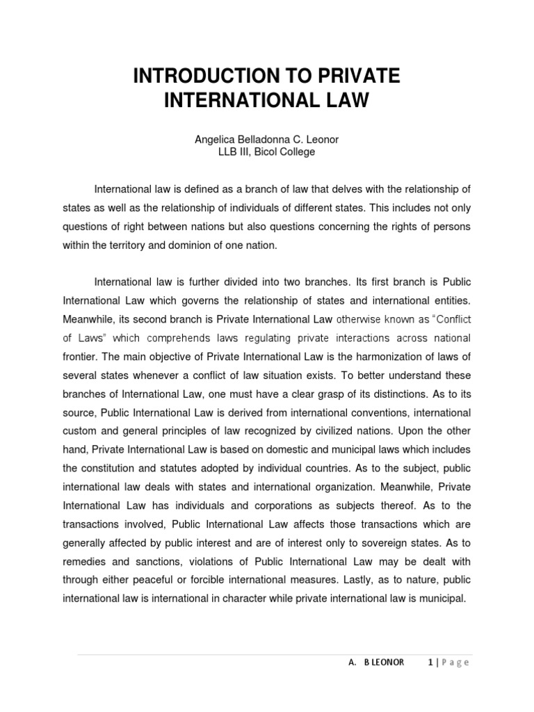 A. B Leonor Introduction To Private International Law | PDF | International Law | Jurisdiction