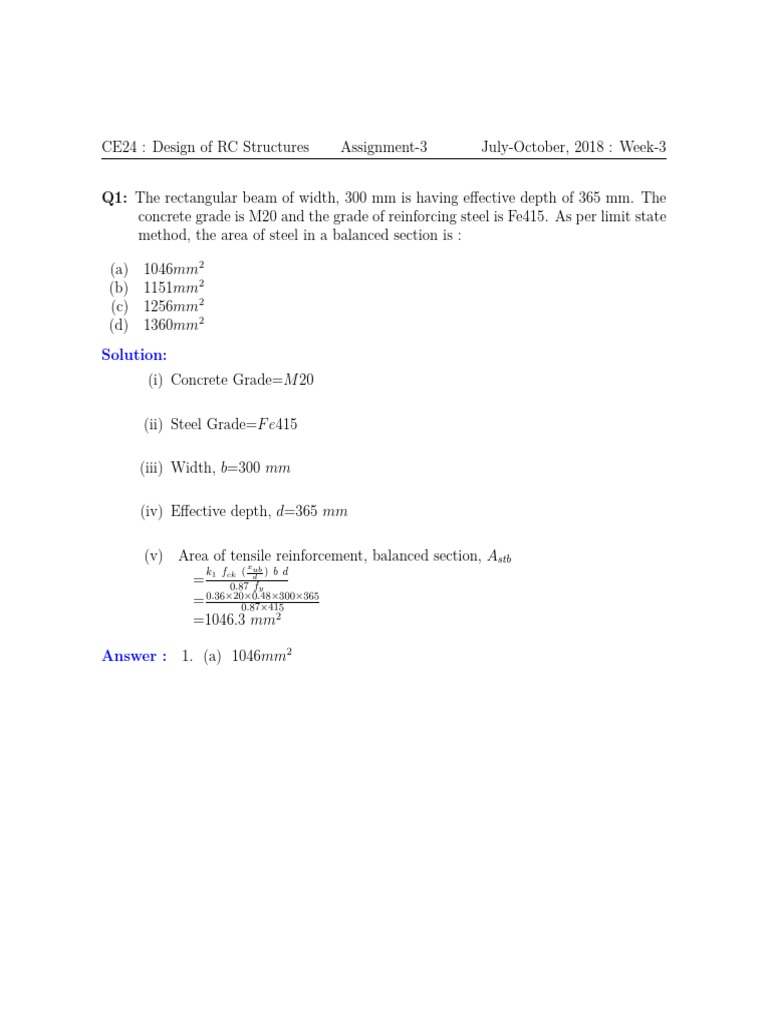 CE24 2018 DRCS Assignment With Solutions Week 03b | PDF | Beam (Structure) | Concrete