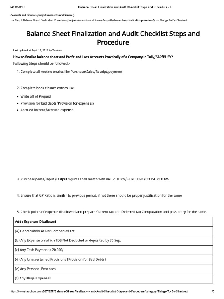 Balance Sheet Finalization and Audit Checklist Steps and Procedure - T ...