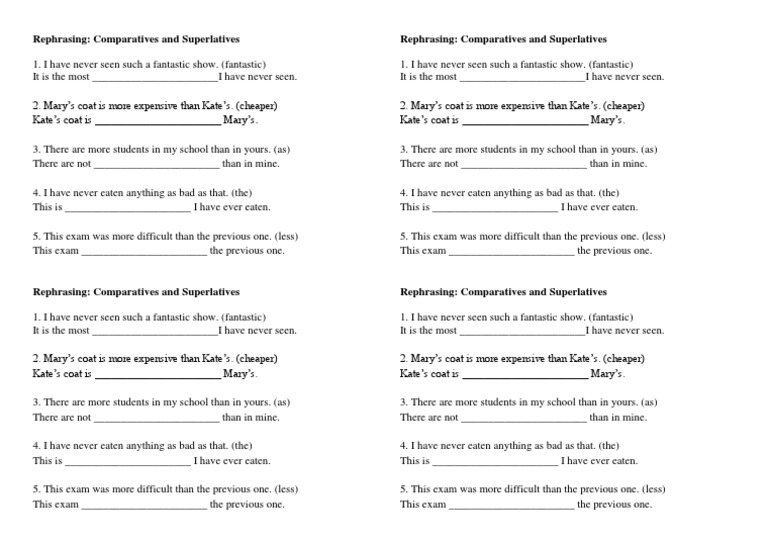 Rephrasing Comparatives and Superlatives B1 | PDF | Grammar | Language ...