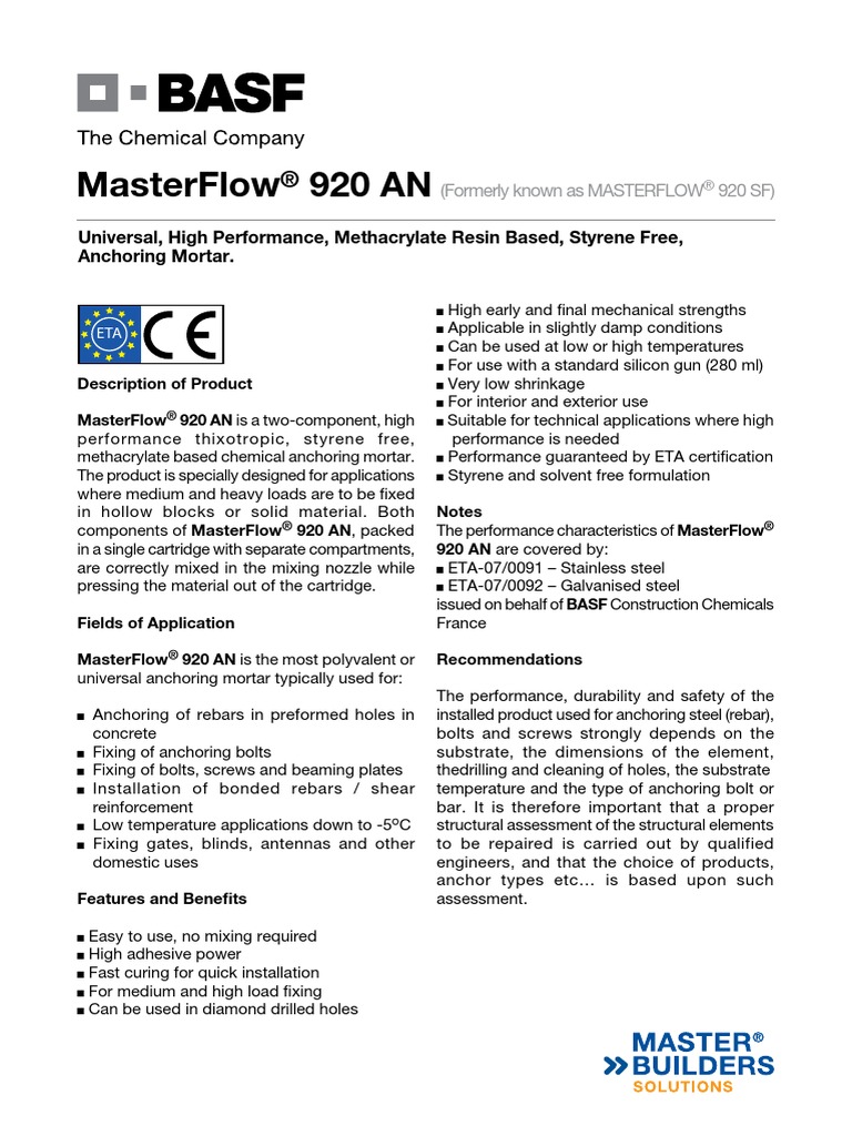 MasterFlow® 920 AN PDF | Download Free PDF | Screw | Concrete