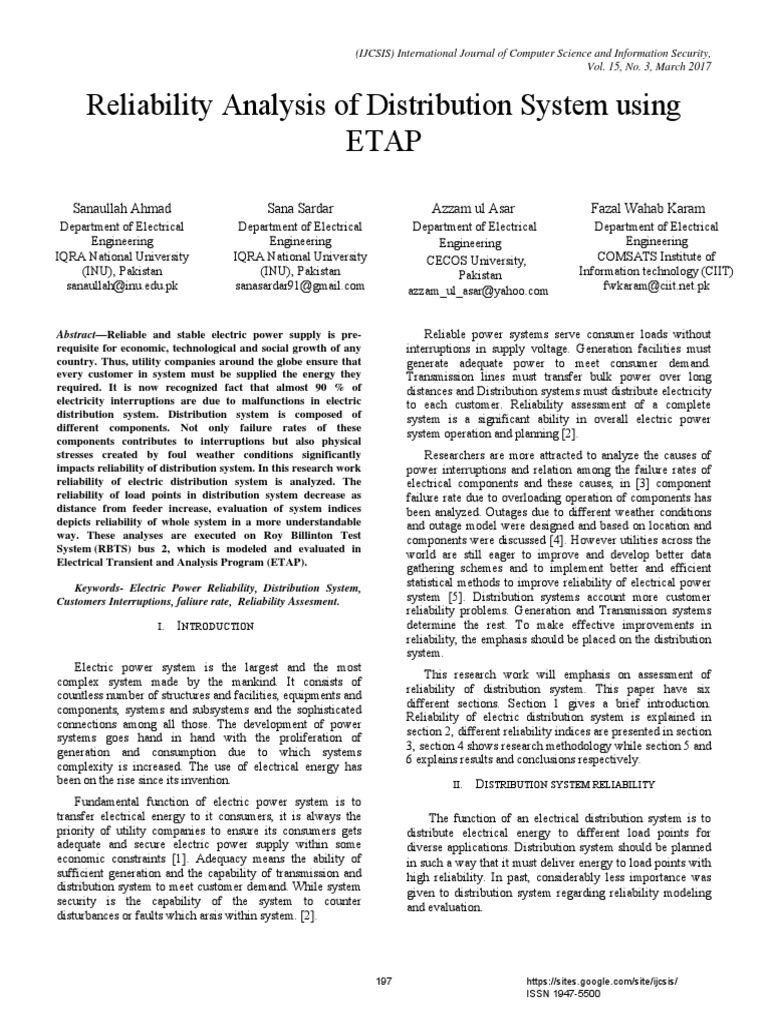 Assessing Distribution System Reliability Using ETAP Software: A Case Study of Roy Billinton ...