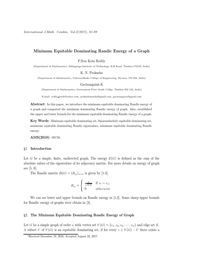 Minimum Equitable Dominating Randic Energy of A Graph | PDF | Theoretical Computer Science ...
