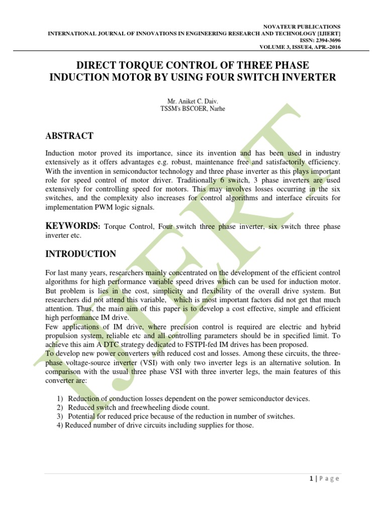 Direct Torque Control Of Three Phase Induction Motor By Using Four Switch Inverter Pdf Power