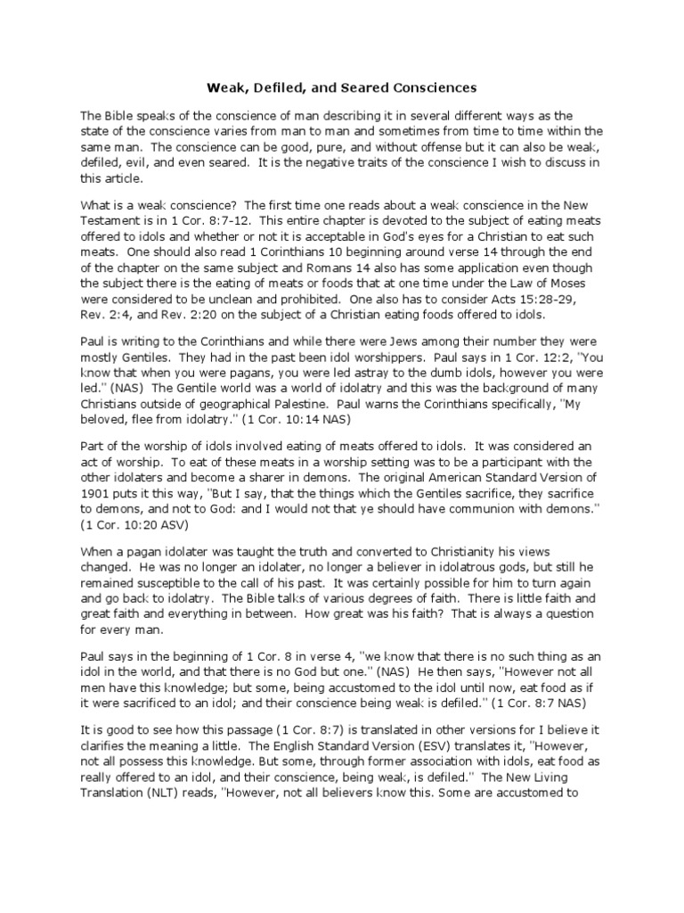 Weak, Defiled, and Seared Consciences | PDF | Idolatry | Baptism