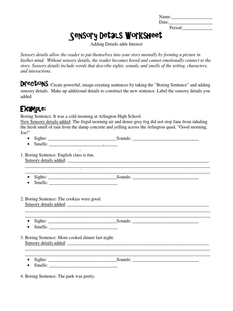 Sensory Detail Worksheet PDF | PDF | Perception | Neuropsychological ...