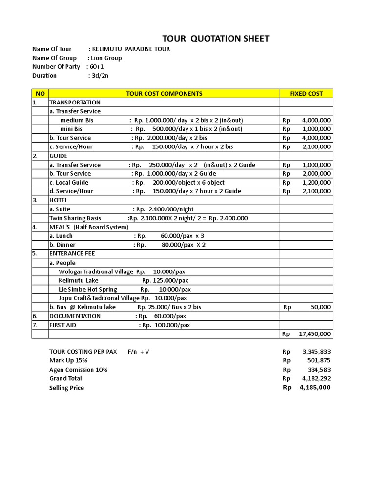 Tour Quotation Sheet: NO Tour Cost Components Fixed Cost | PDF | Business
