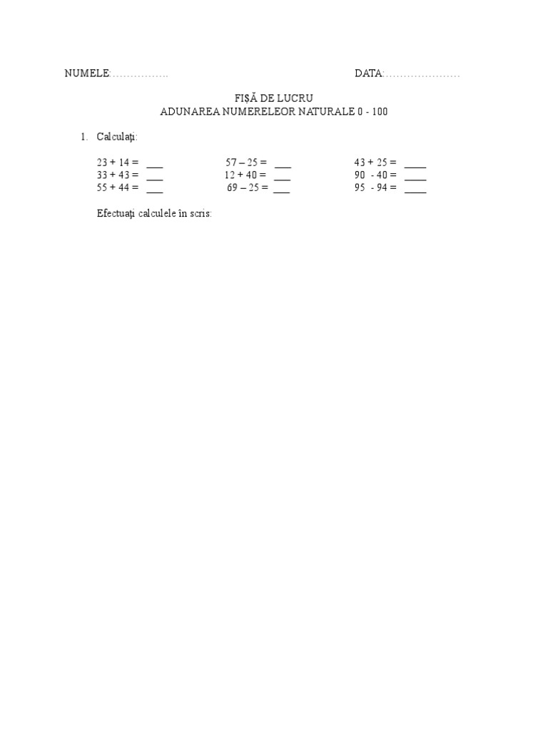 Natural Numbers Addition Worksheet | PDF