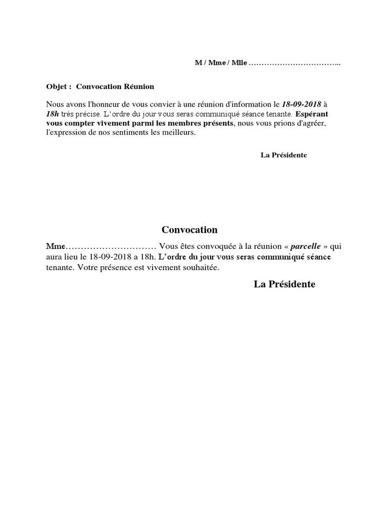 Objet: Convocation Réunion: Nous Avons L'honneur de Vous Convier À Une Réunion D'information Le ...