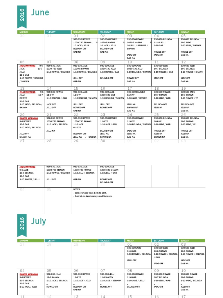 June & July Schedule | PDF