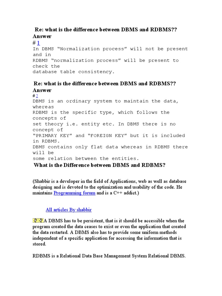 Difference Beween Rdbms N Dbms | PDF | Relational Database | Databases