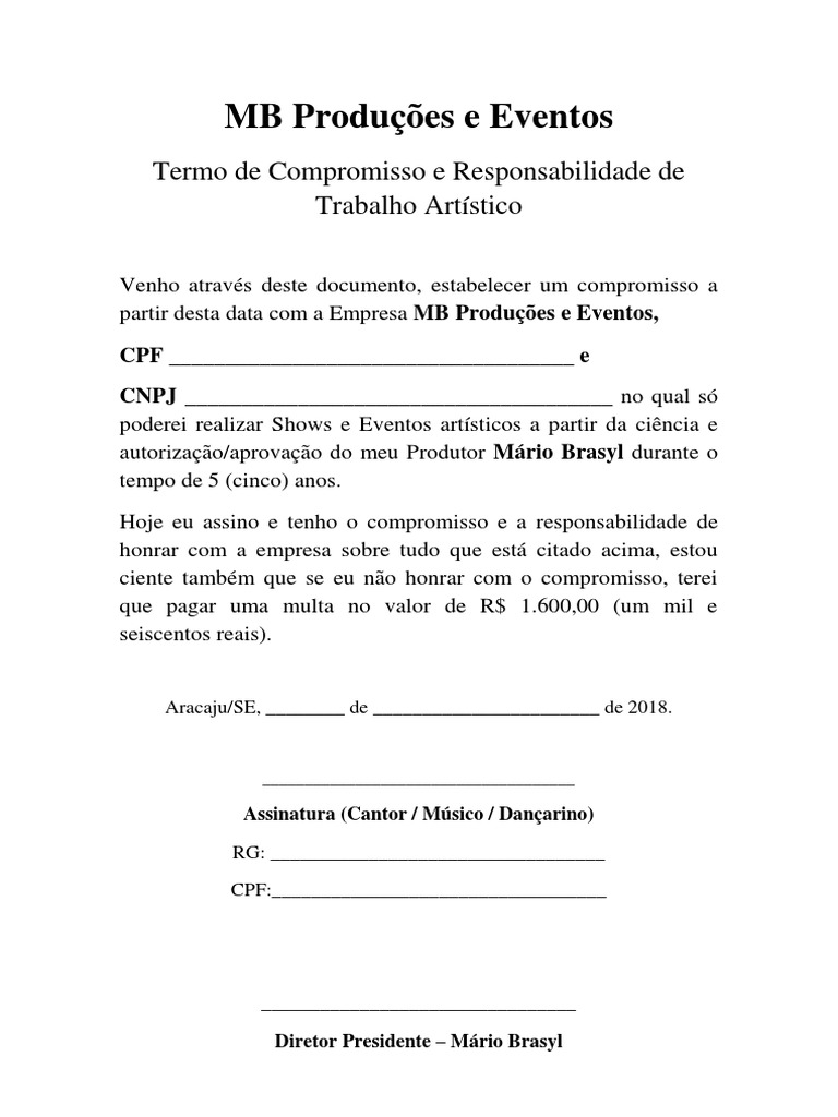 Termo de Compromisso e Responsabilidade de Trabalho Artístico PDF | PDF Termo de Compromisso e Responsabilidade de Trabalho Artístico PDF | PDF