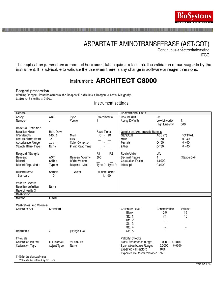 Aspartate Aminotransferase (Ast/Got) : Instrument | PDF | Absorbance ...