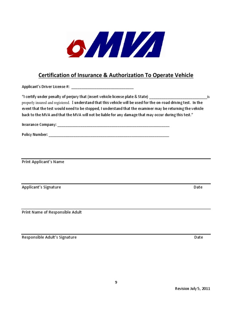 Certification of Insurance and Authorization To Operate Vehicle PDF ...