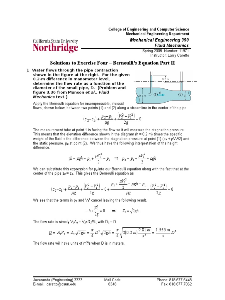 Solutions To Exercise Four - Bernoulli's Equation Part II: Mechanical ...