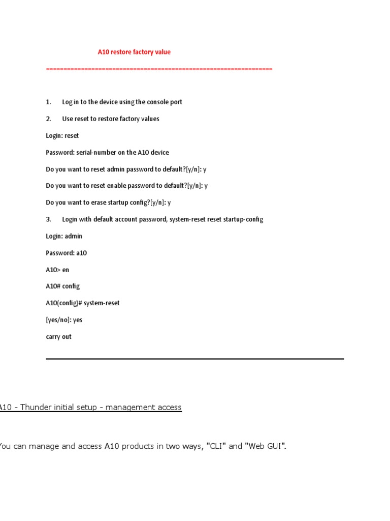 A10 Restore Factory Value | PDF | Command Line Interface | Login